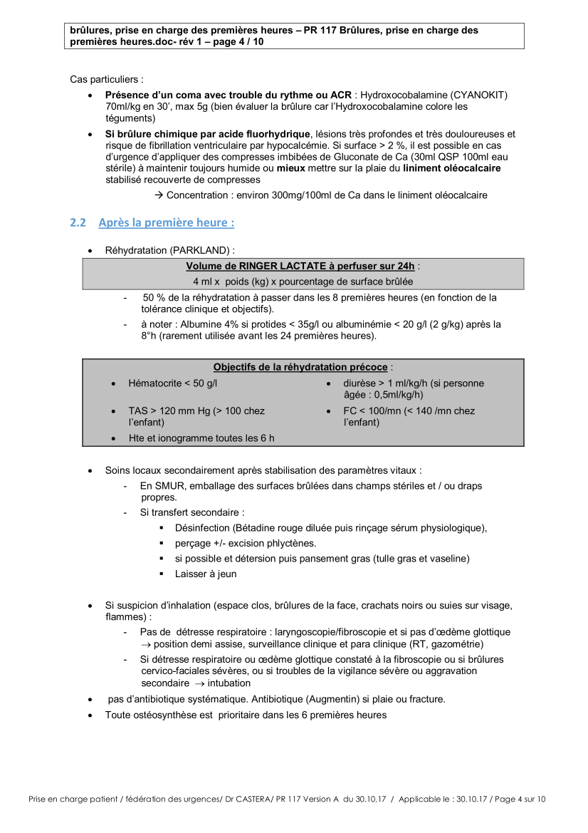 Brûlures, prise en charge des premières heures